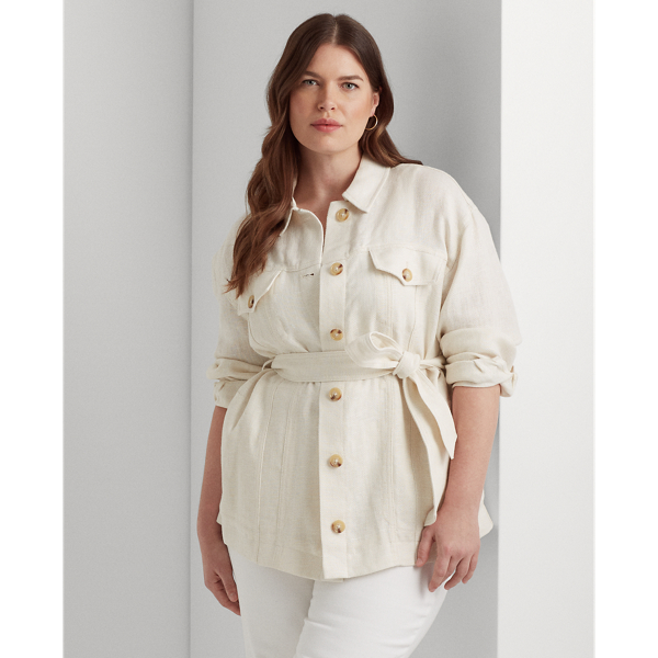 Lauren Woman Belted Herringbone Linen Shirt Jacket In Mascarpone Cream ...