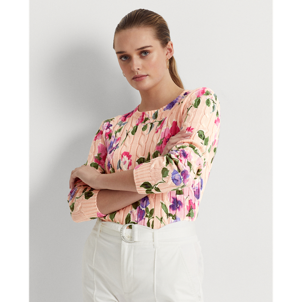 Ralph Lauren Floral Cotton Cable-knit Sweater In Pink Multi | ModeSens