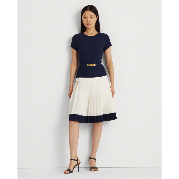 Lauren Ralph Lauren Two-tone Belted Georgette Dress In French Navy/cream | ModeSens