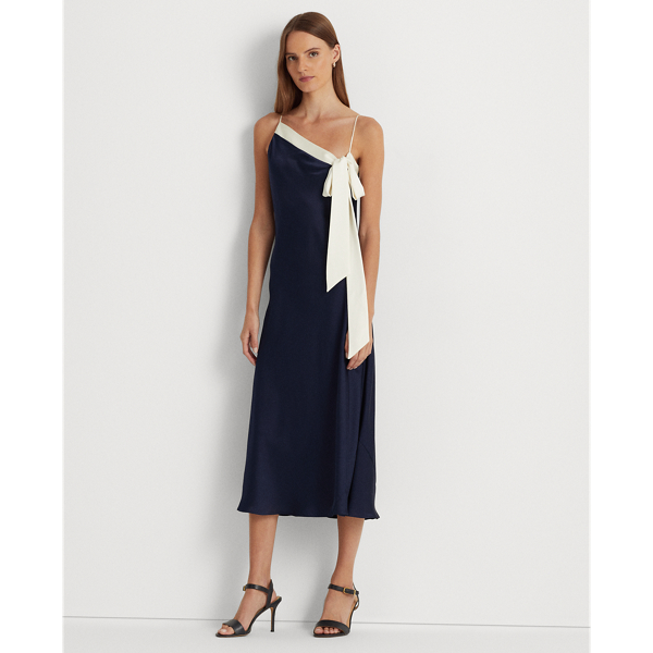 Lauren Ralph Lauren Two-tone Charmeuse Cocktail Dress In French Navy/cream | ModeSens
