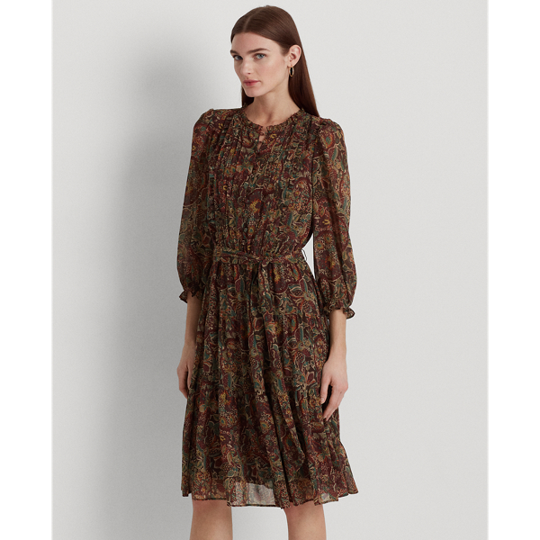 Lauren Ralph Lauren Floral Belted Crinkle Georgette Dress In Burgundy ...