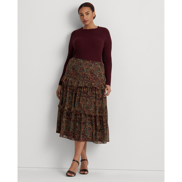 Lauren Woman Floral Crinkle Georgette Tiered Skirt In Burgundy Multi ...