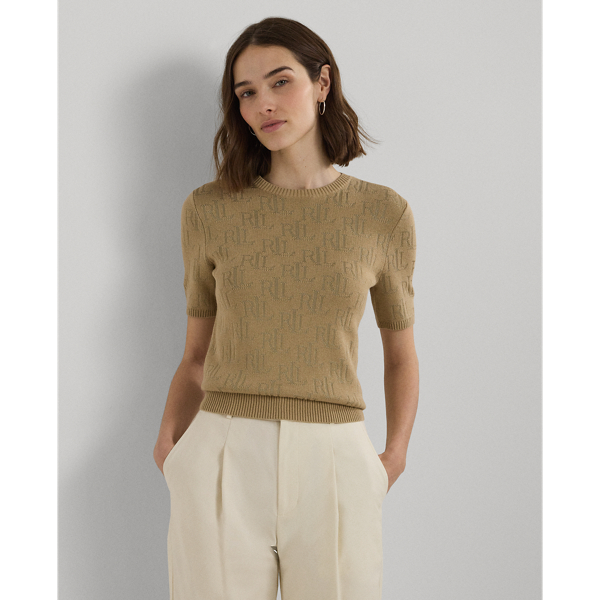 Ralph Lauren Monogram Jacquard Short-sleeve Sweater In Birch Tan | ModeSens