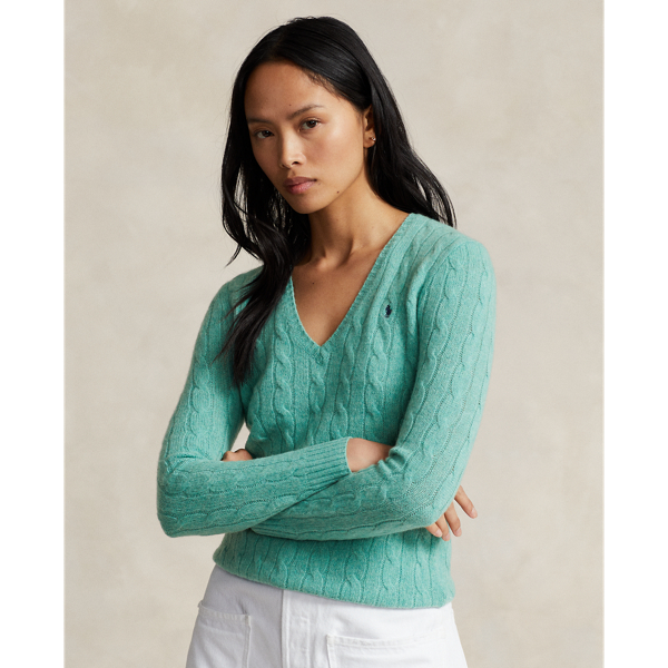 Polo Ralph Lauren Cable-knit Wool-cashmere V-neck Sweater In Greenscape Melange | ModeSens