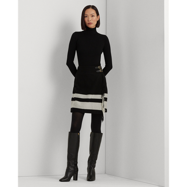 Ralph Lauren Two-tone Fringe-trim Miniskirt In Black/mascarpone Cream ...